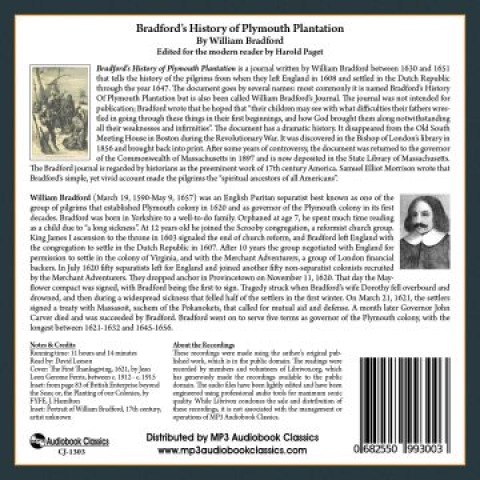Bradford's History of Plymouth Plantation MP3 CD Audiobook in DVD case